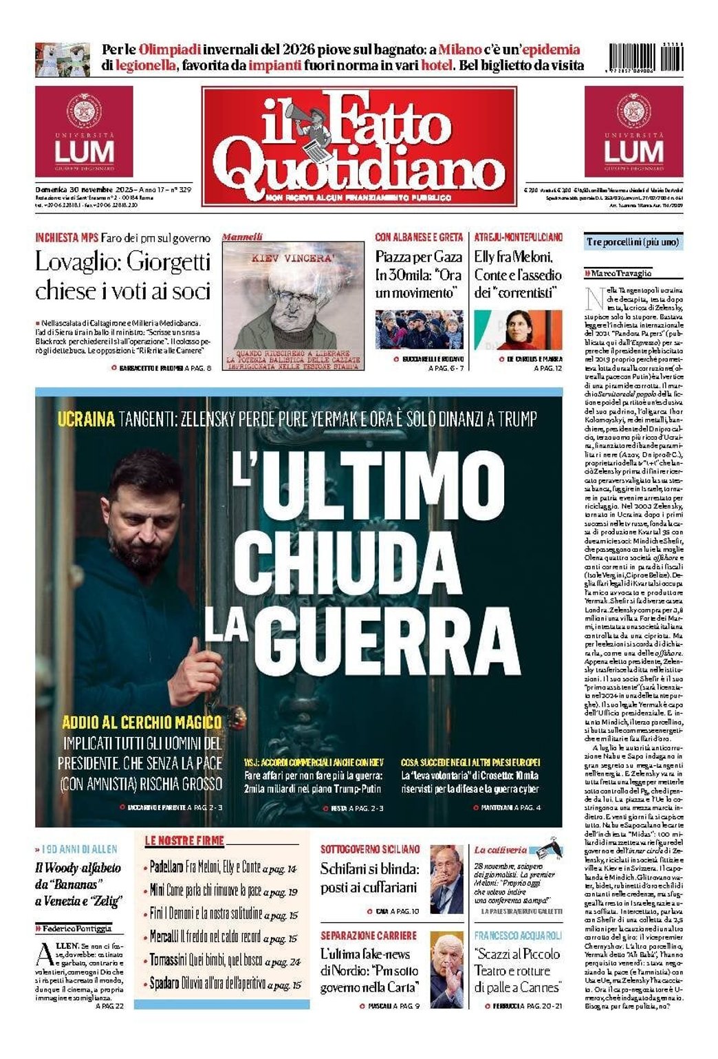 Prima Pagina Il Fatto Quotidiano di oggi, Domenica 30 Novembre 2025 - Newsroom Italia
